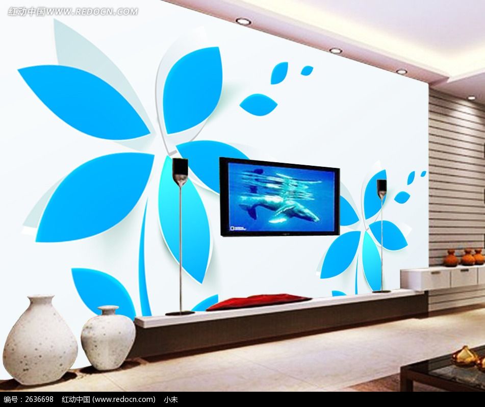 蓝色花朵电视背景墙设计图片_背景墙|装饰画_编号2636698_红动中国